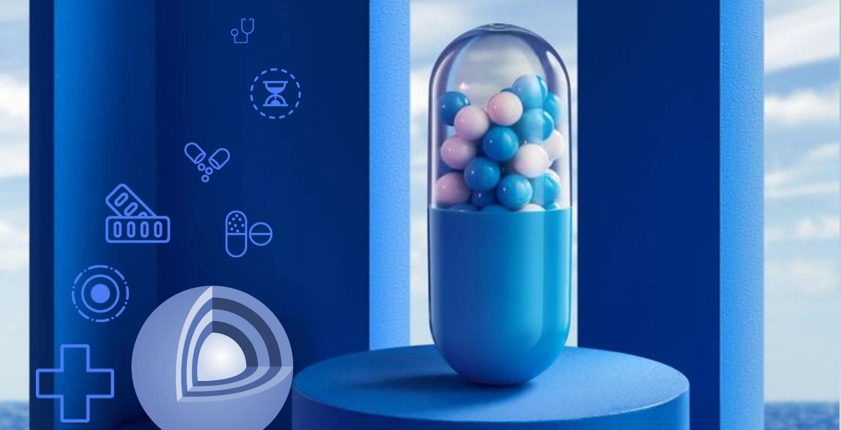 Large capsule with blue and white encapsulated pellets on a pedestal ...