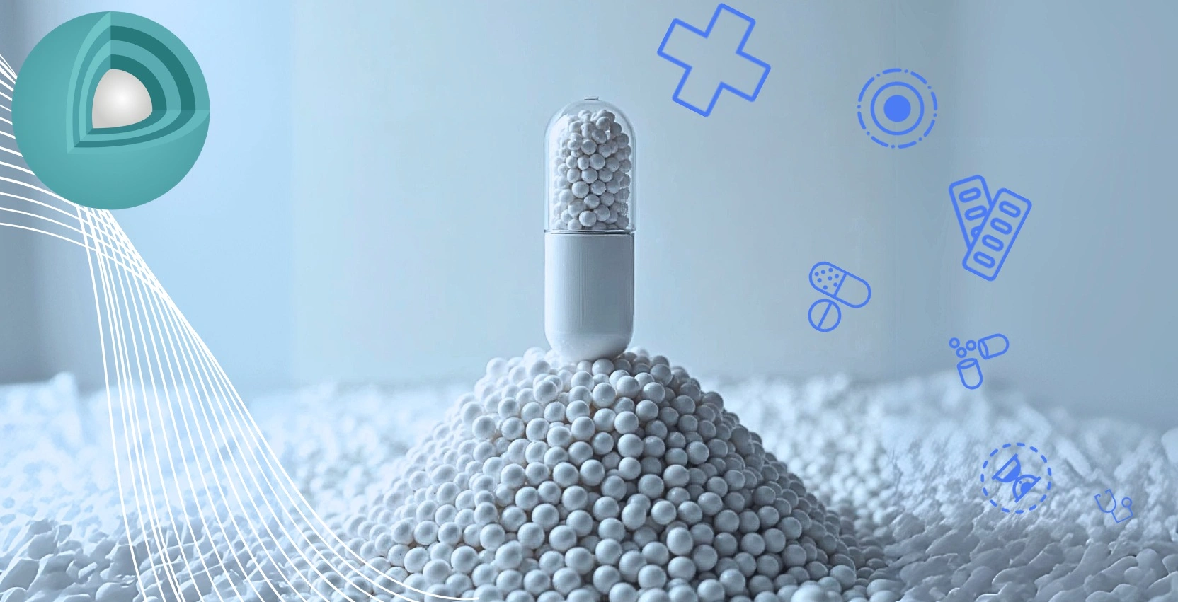 Upright capsule filled with white enteric-coated pellets on a mound ...
